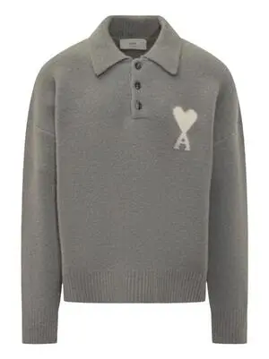AMI Paris Big Heart Logo Polo Sweater - Gray