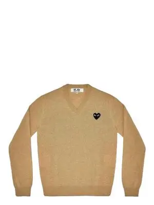 Play Comme Des Garcon V-neck Long Sleeve T-shirt With Emblem - Beige