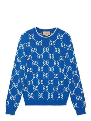 Gucci Jumbo Gg Jacquard Crew Neck Sweater - Blue/ivory
