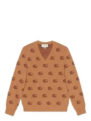 Gucci Double G Jacquard Wool V-neck Sweater 'camel Brown - Tan