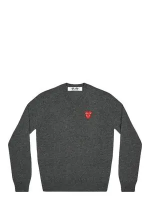 Play Comme Des Garcon V-neck Pullover With Red Emblem - Grey