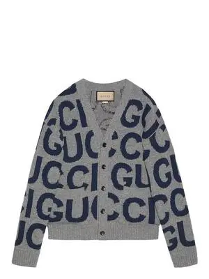 Gucci Wool Cardigan With All-over Gg Intarsia - Grey/blue