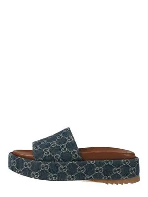 Gucci Angelina Platform 55mm Jacquard Denim Slide Sandals - Dark Blue/ivory