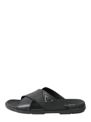 Prada Leather Criss-cross Slides - Black