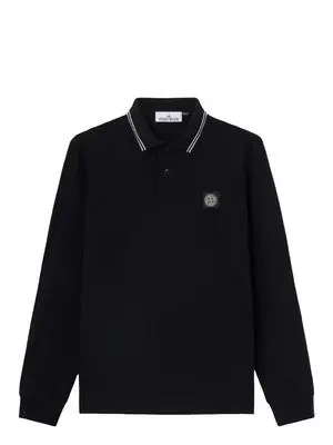 Stone Island 2200012 Slim-fit Long-sleeve Compass Patch Polo Shirt - Black