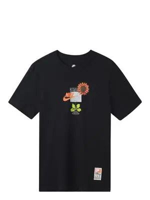 Nike Logo Plant Pattern Printing Round Neck Casual Short Sleeve Black T-shirt - Multi-color