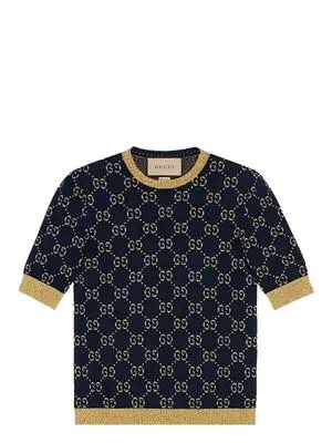 Gucci Gg Cotton Silk Short Sleeve Top - Navy