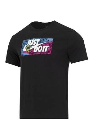 Nike Square Brand Logo Cartoon Printing Round Neck Casual Short Sleeve Black T-shirt - Multi-color
