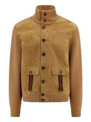 Gucci Suede Bomber Jacket With Web Detail - Camel