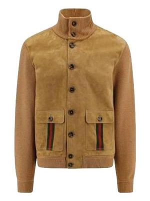 Gucci Suede Bomber Jacket With Web Detail - Camel