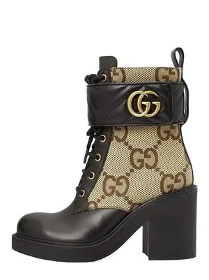 Gucci Leather And Gg Canvas Lace-up Boots - Black/camel/ebony