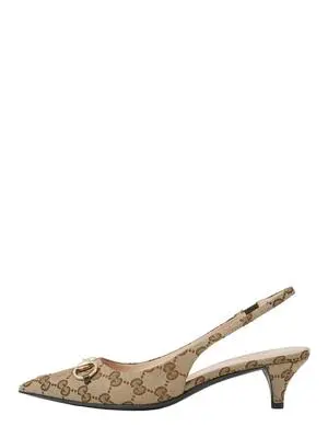 Gucci Horsebit Slingback Heels In Canvas - Beige