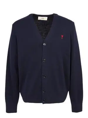 AMI Paris AMI Ribbed V-Neck Cardigan With Embroidered Logo Navy