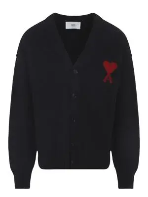 AMI Paris Big Heart Logo Merino Wool Cardigan - Black
