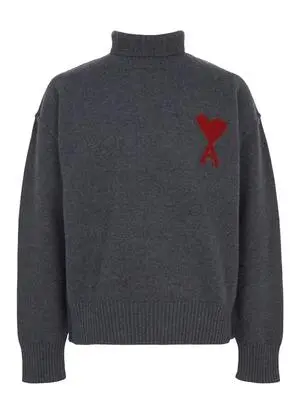 AMI Paris Turtleneck Knitwear T-shirt With De Coeur Appliqu - Gray