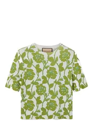 Gucci Floral Print Fine Wool Silk T-shirt - Green/beige
