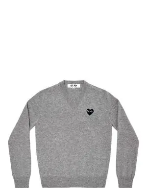 Play Comme Des Garcon V-neck Long Sleeve T-shirt With Black Emblem - Grey