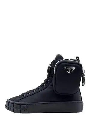 Prada Wheel Re-nylon Hight Sneakers With Detachable Pouch - Black/silver