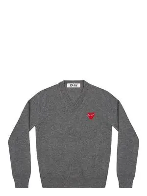 Play Comme Des Garcon V-neck Long Sleeve T-shirt With Red Emblem - Grey