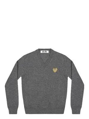 Play Comme Des Garcon V-neck Pullover With Gold Emblem - Grey