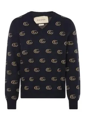 Gucci Double G Jacquard Wool V-neck Sweater - Navy