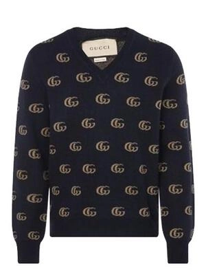 Gucci Double G Jacquard Wool V-neck Sweater - Navy