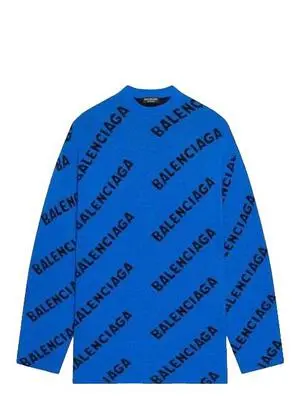 Balenciaga All Over Logo Crewneck Wool Knit Sweater - Blue