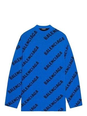 Balenciaga All Over Logo Crewneck Wool Knit Sweater - Blue
