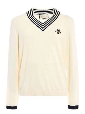 Gucci V-neck Wool Knit With Bee Applique - White/black