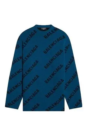 Balenciaga All Over Logo Crewneck Wool Knit Sweater - Petrol Blue