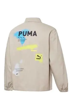PUMA Logo Printing Loose Woven Lapel Jacket - Brown