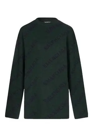 Balenciaga All Over Logo Crewneck Wool Knit Sweater - Dark Green
