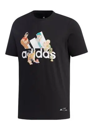 Adidas Cartoon Alphabet Logo Printing Round Neck Short Sleeve Black T-shirt - Default Color