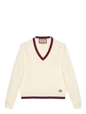 Gucci Ss21 Knit V-neck Wool Sweater With Webbing Detail - Creamy
