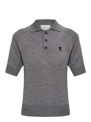 AMI Paris Merino Knit Wool Short Sleeve Polo With Heart Logo - Grey/black