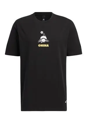 Adidas Cartoon Panda Printing Round Neck Casual Short Sleeve Black T-shirt - Multi-color