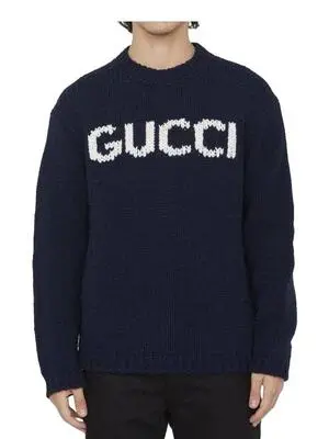 Gucci Wool Jumper With Intarsia Logo - Blue/ivory