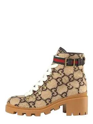 Gucci Gg Monogram Lace Up Combat Ankle Boots - Beige