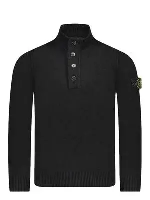 Stone Island High Neck Half Button Knit With Applique - Black
