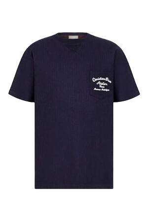Dior Ss22 Embroidered Plain Weave Knit Short Sleeve Navy T-shirt - Blue