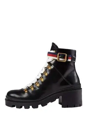Gucci Sylvie Series Webbing Leather Ankle Boots - Default Color