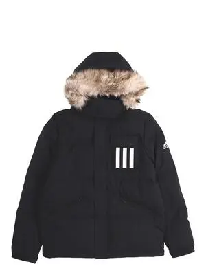 Adidas Down Puffa 3-stripes Parka With Fur Trimmed Hood - Black