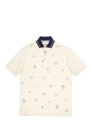 Gucci Logo Embroidered Cotton Short-sleeved Polo Shirt For White - Ivory