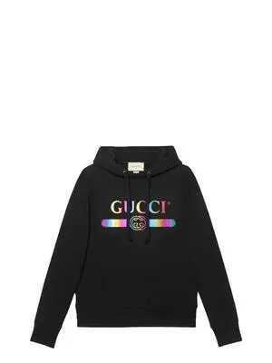 Gucci Cotton Logo Pullover Hooded Sweatshirt - Black