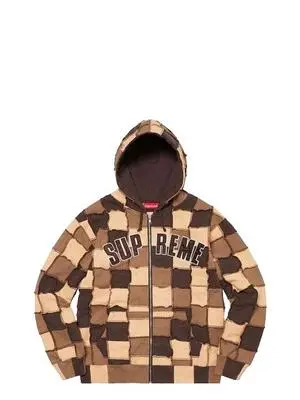 Supreme Reverse Patchwork Zip Up Hooded Sweatshirt - Brown/tan