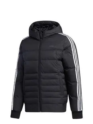 Adidas Puff Hooded Down Jacket With Signature Stripes - Black