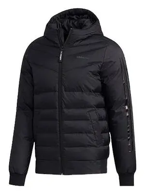 Adidas Neo Padded Hooded Down Jacket With Sporty Stripes - Black