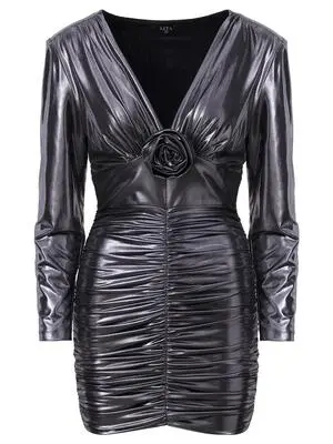 LITA COUTURE Metallic Ruched Floral Appliqué V-neck Dress - Grey