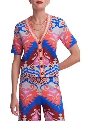 BODEN Boden Short Sleeve Jacquard V-Neck Cardigan