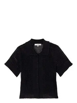 FRAME Crochet Knit Button-up Top With Scalloped Trim - Black